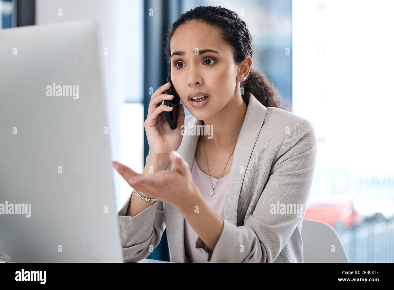 Stress, business call and woman with computer scam and email in a ...