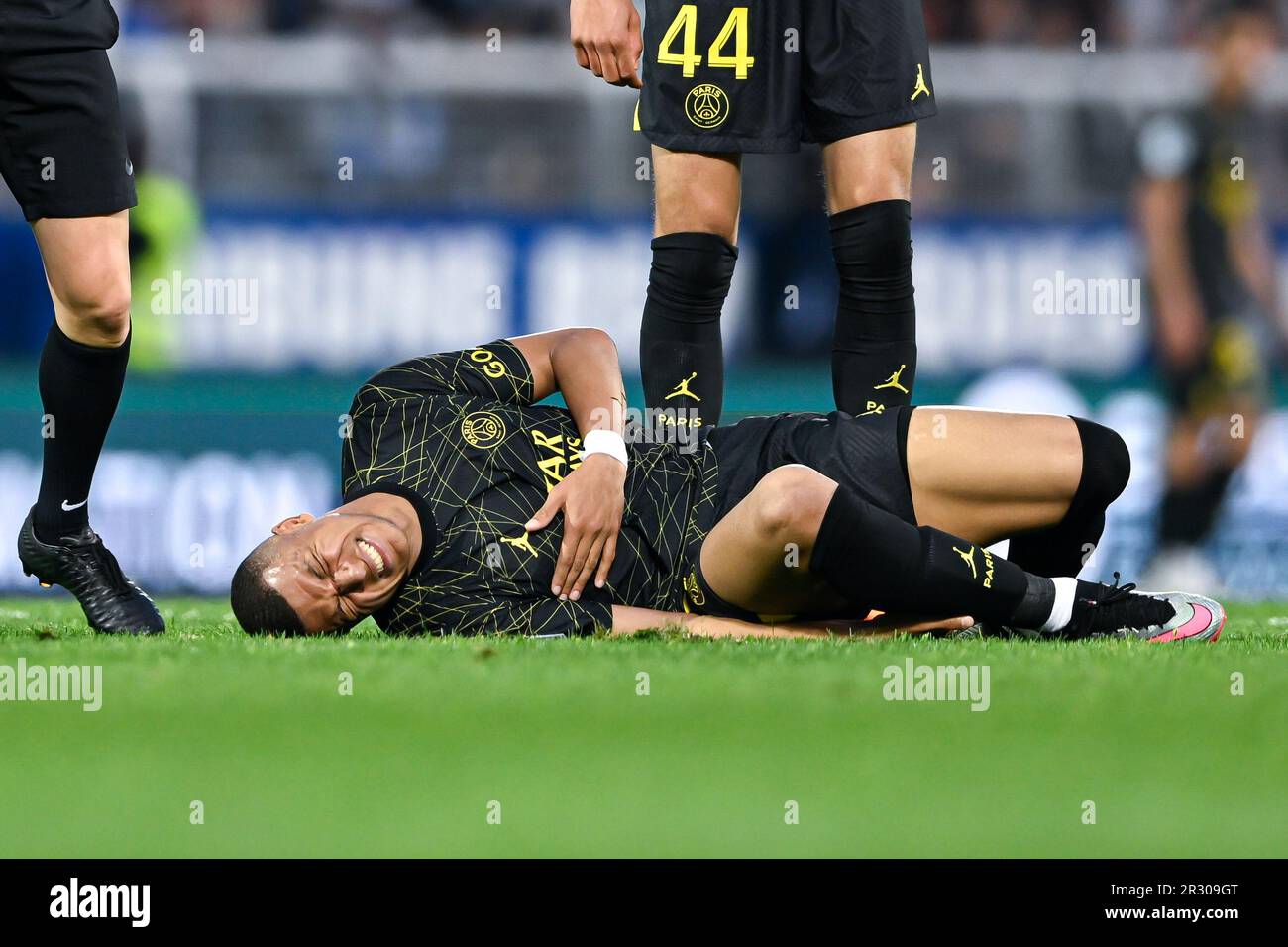 Paris, France. 21st May, 2023. Kylian Mbappe injured on the ground ...