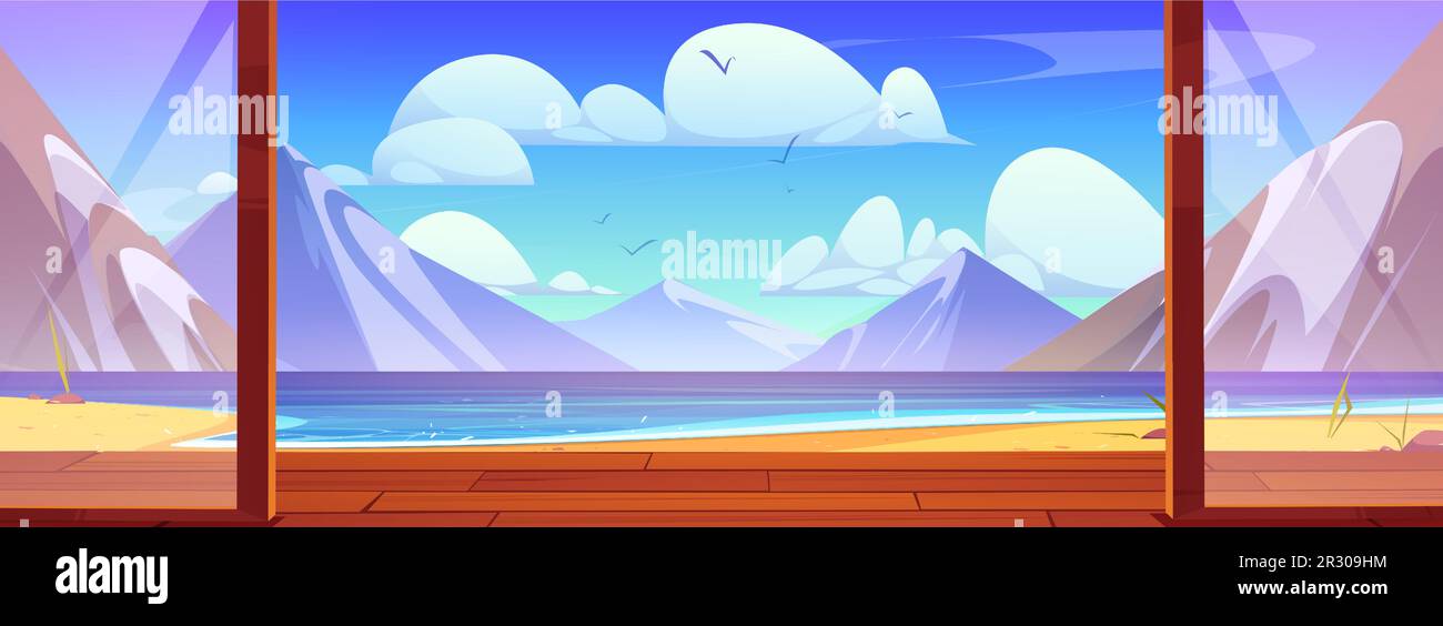 Mountain lake view from wooden terrace with glass door. Vector cartoon ...