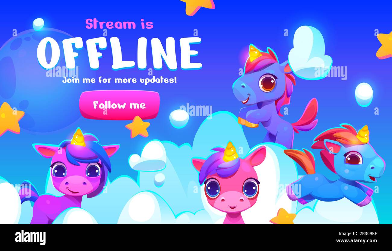 Cartoon offline stream banner with cute unicorns and follow me button ...