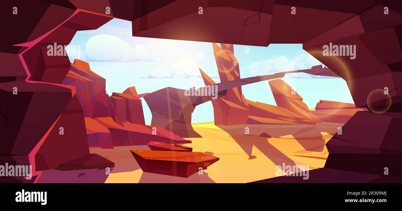 Ancient mountain cave exit lit by bright sunlight. Vector cartoon ...