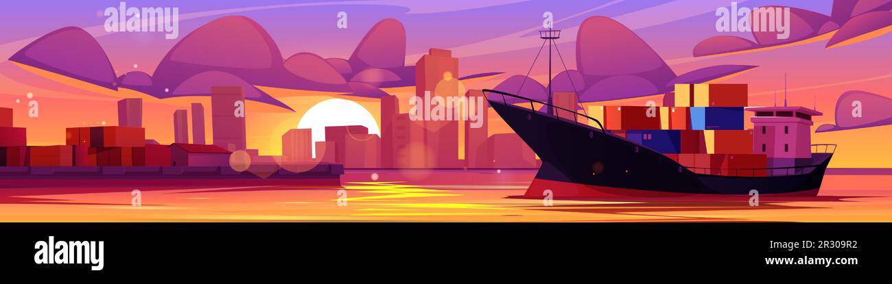 Sea port and cargo ship with containers. Concept of export and import ...