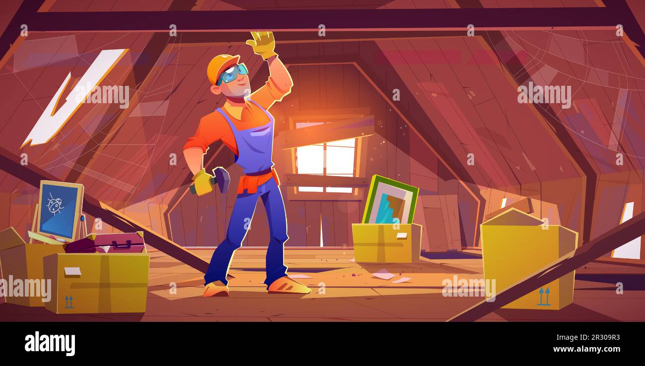 Worker man repair abandoned home attic vector cartoon illustration ...