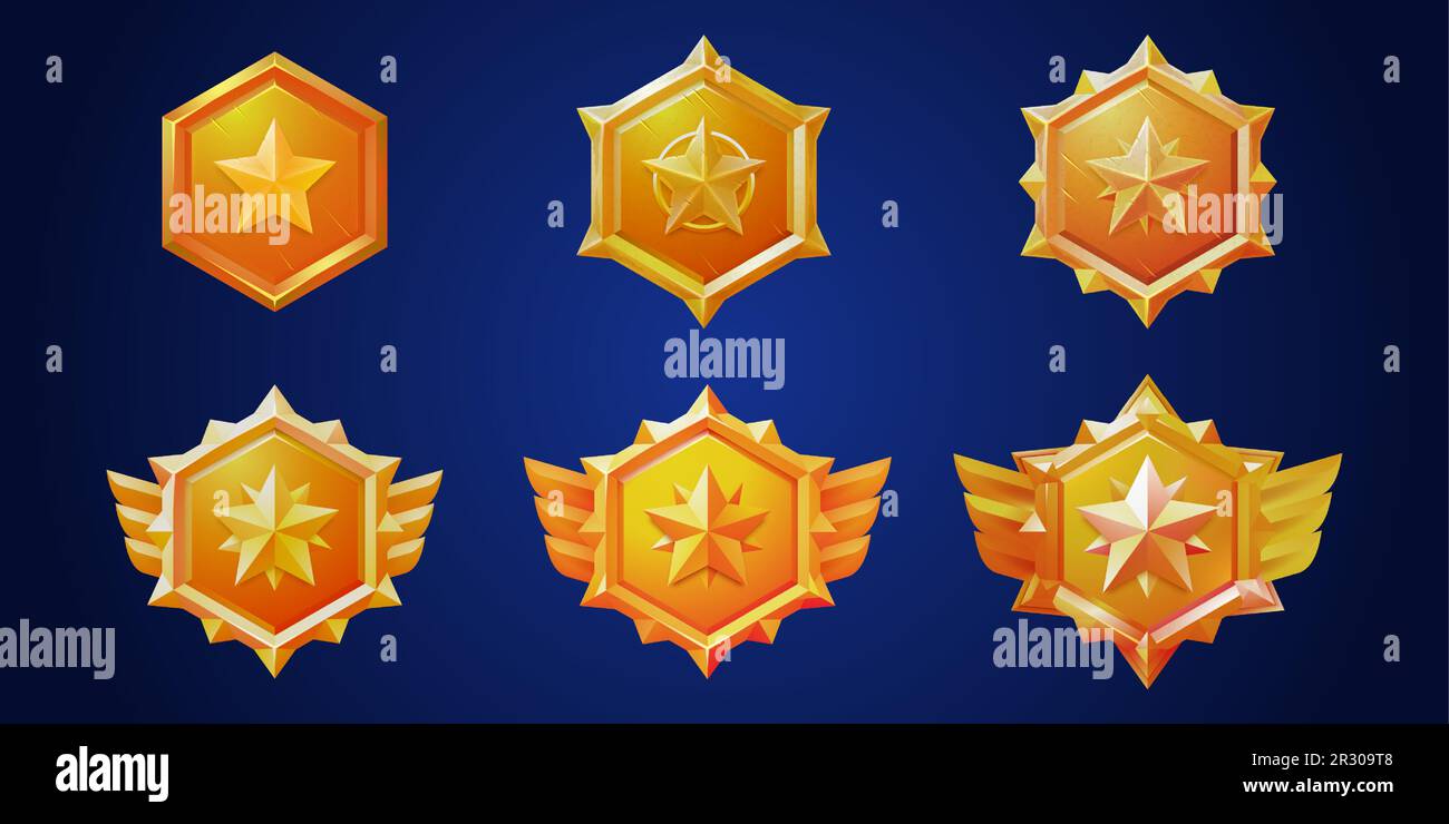 Gold game badge rank medal ui icon vector set. Isolated level trophy ...