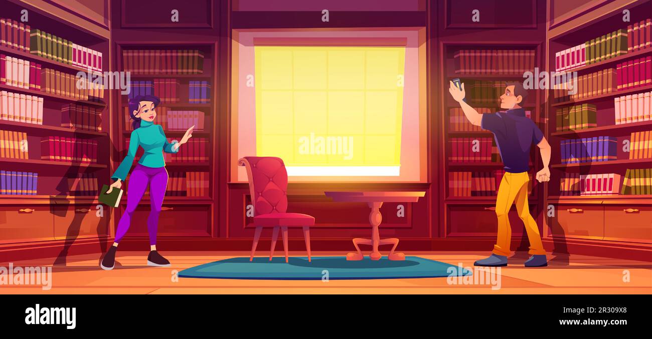 Cartoon man and woman choosing books in library. Vector illustration of ...