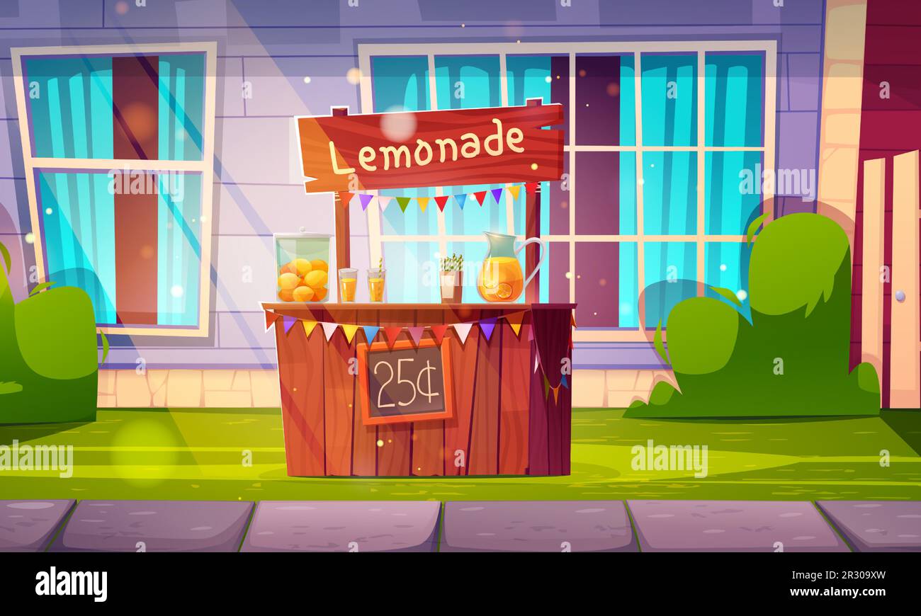 Lemonade stand, stall for sale lemon juice. Summer landscape of garden ...