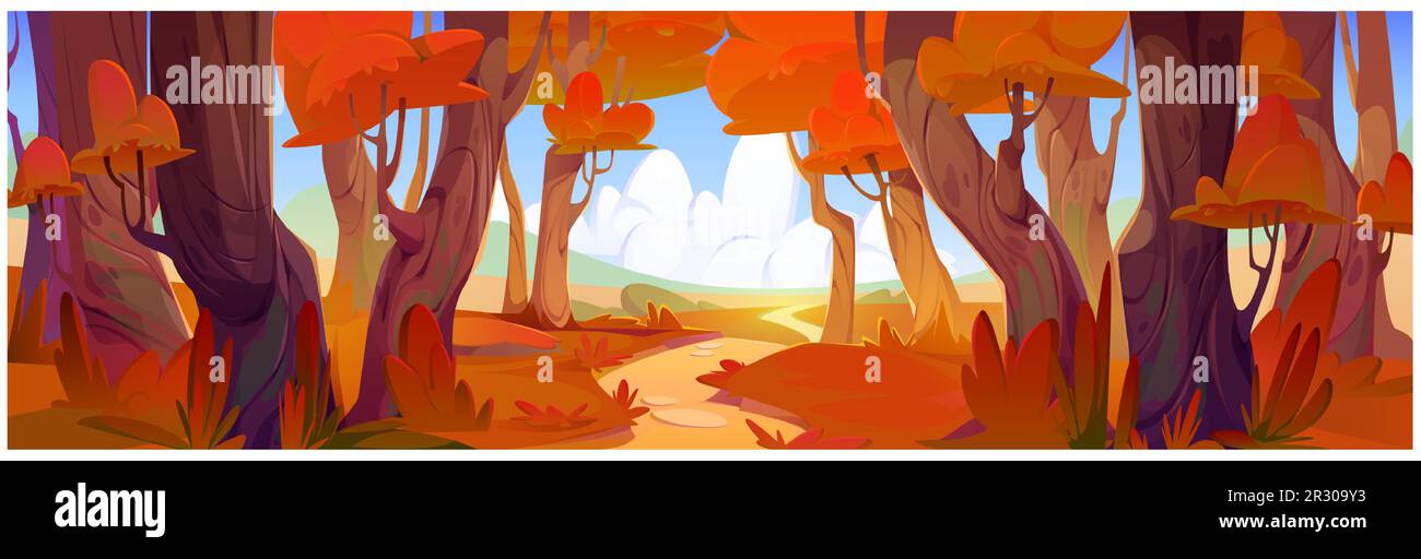 Autumn forest vector landscape. Path near orange tree in cartoon fall ...