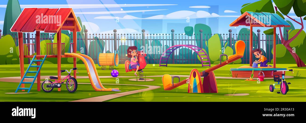 Children play on playground in park or kindergarten. Summer landscape ...