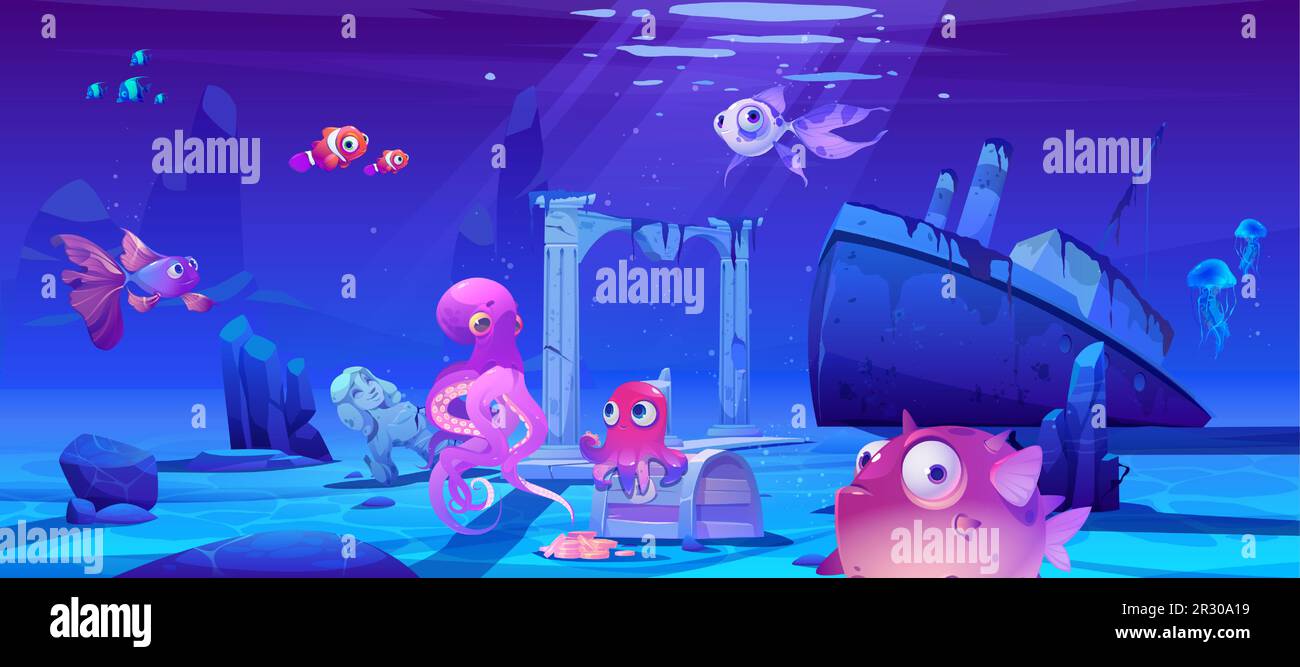 Cartoon underwater background with sea fish, sunken ship, ancient ruins ...