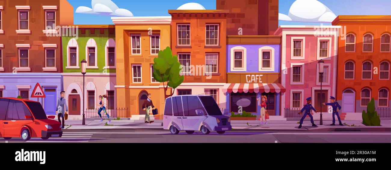 Scandinavian city house and car traffic vector illustration. Building ...