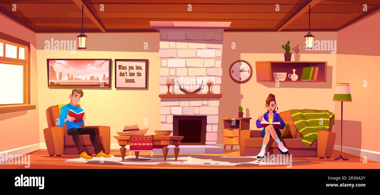Couple reading in home living room with fireplace cartoon vector ...