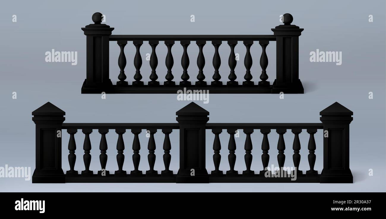 3d black balcony balustrade with roman stone pillar. Palace porch fence ...
