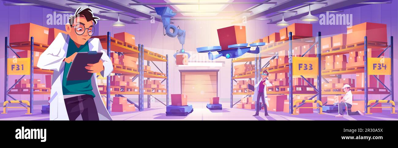 Warehouse factory room and worker writing on clipboard vector ...