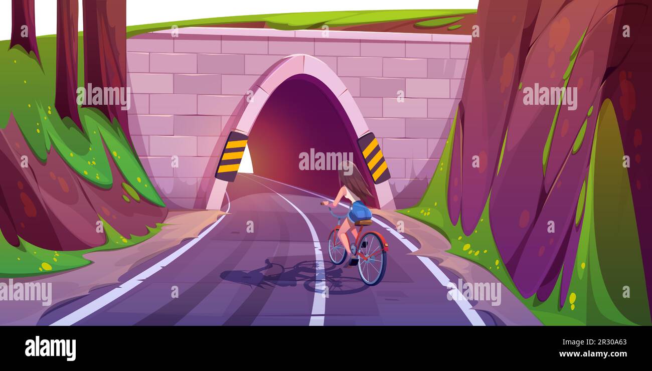 Girl riding bicycle on highway with tunnel through hill. Vector cartoon ...