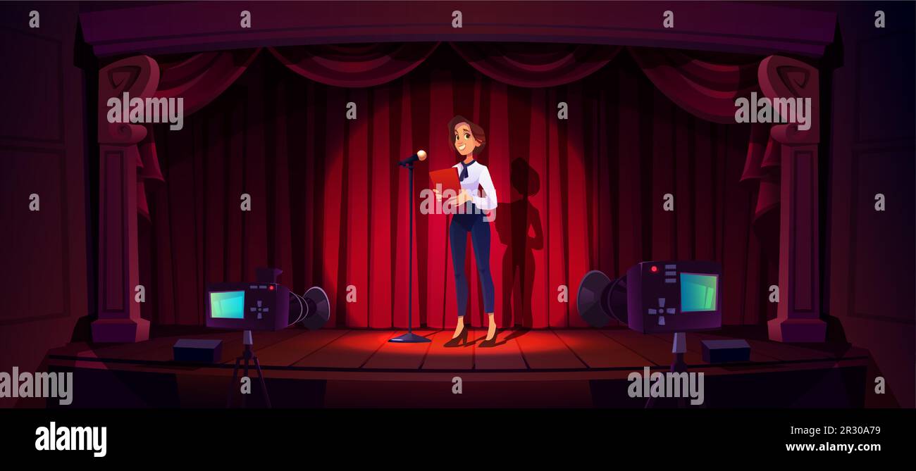 Female presenter smiling near microphone on stage. Vector cartoon ...