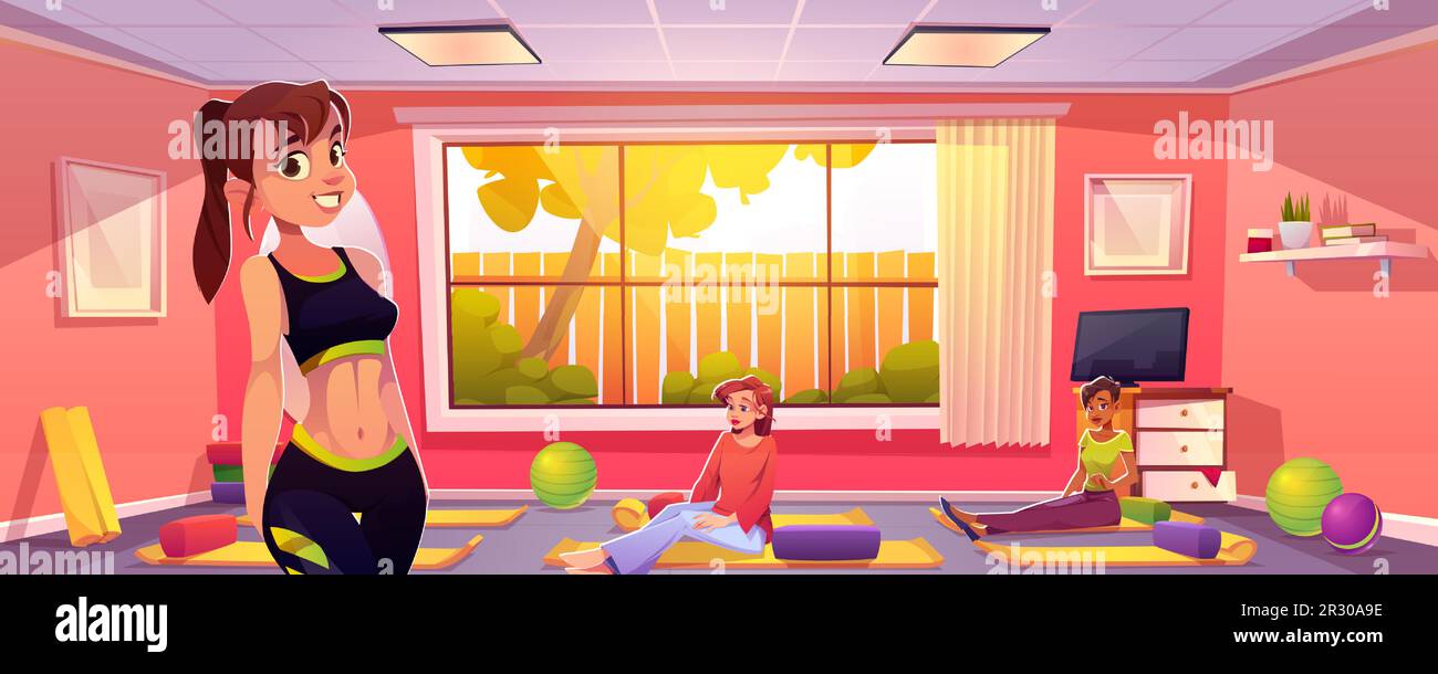 Woman group in yoga studio pose on a mat and stretching cartoon vector ...