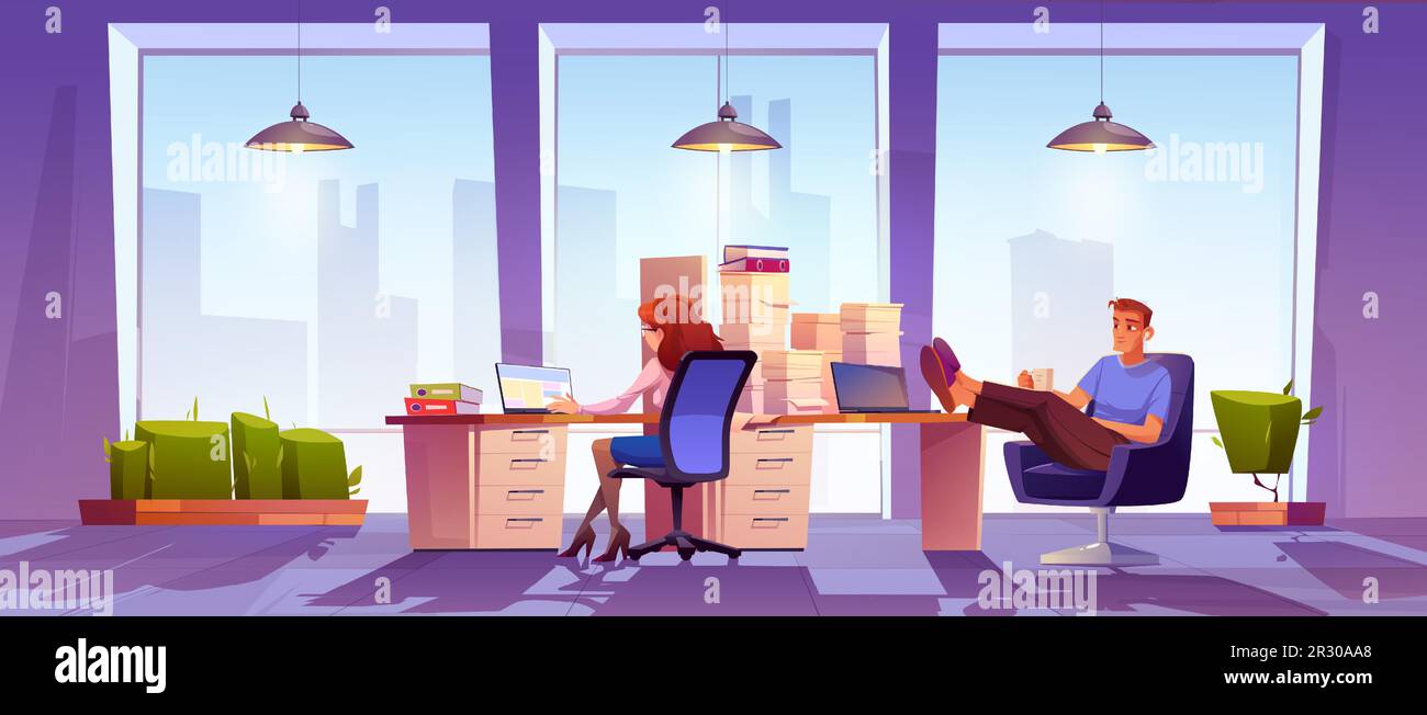 Diligent female and lazy male office employees. Vector cartoon ...