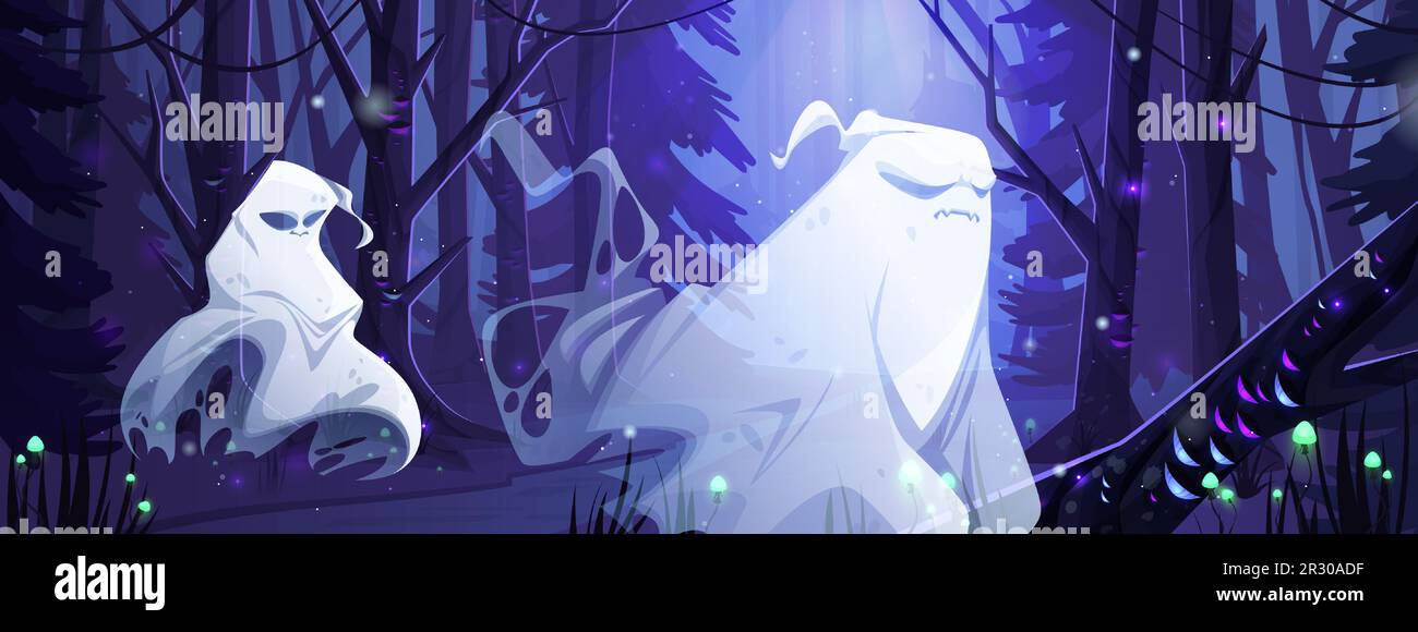 Night forest background with ghost and firefly cartoon vector halloween ...
