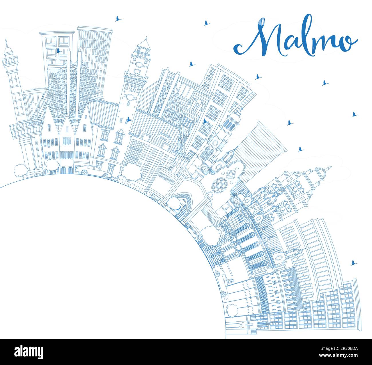 Outline Malmo Sweden City Skyline with Blue Buildings and Copy Space ...