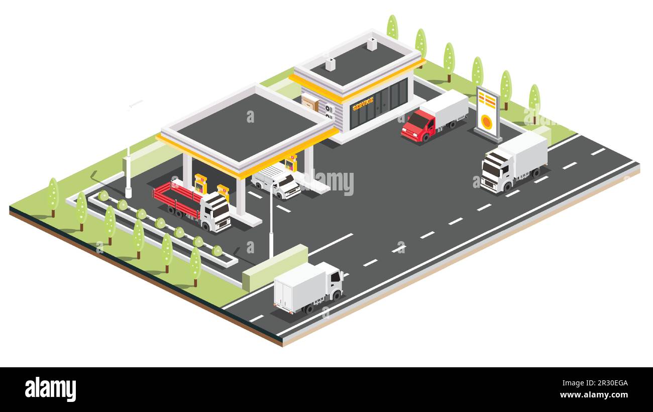 Isometric Gas Station with Trucks and Vans. Petroleum Filling Station ...