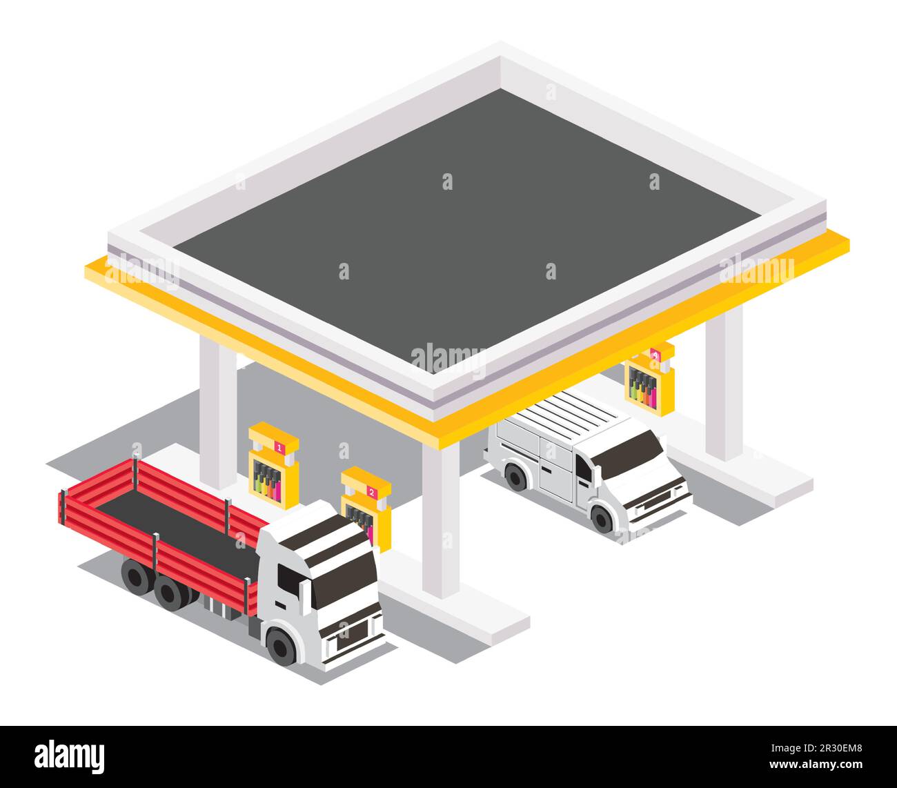 Gas Station with Truck and Van. Isometric Isolated Petroleum Filling ...