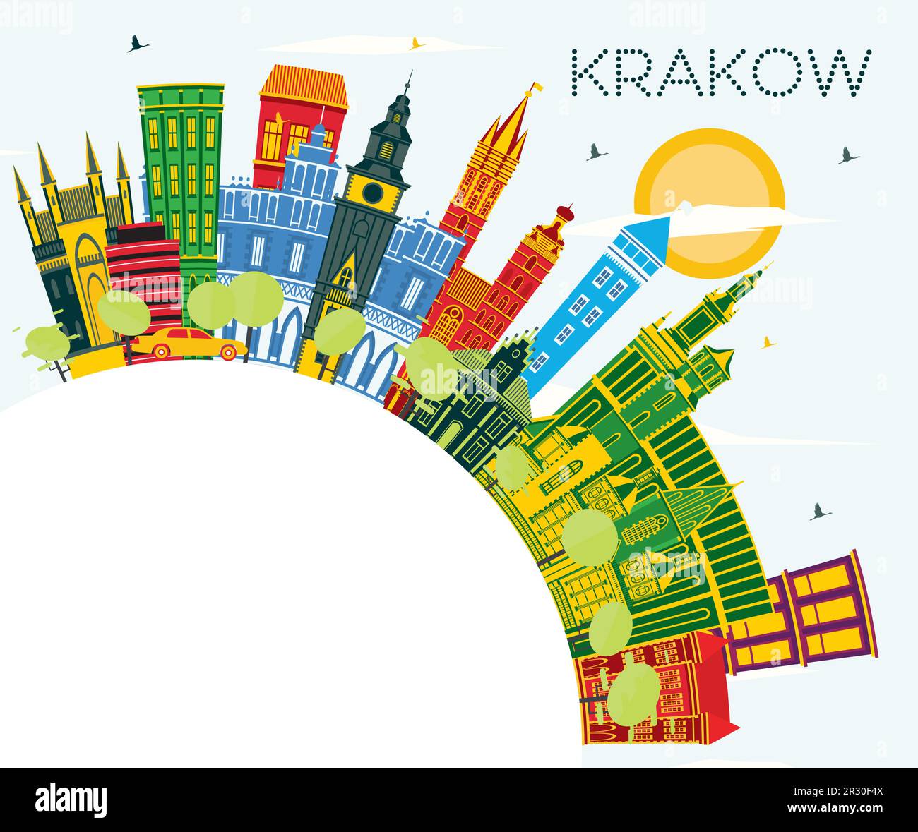 Krakow Poland City Skyline with Color Buildings, Blue Sky and Copy ...