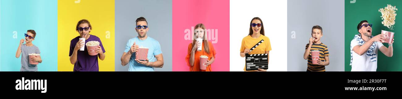 Cinema visiting. Collage with photos of different people on color ...
