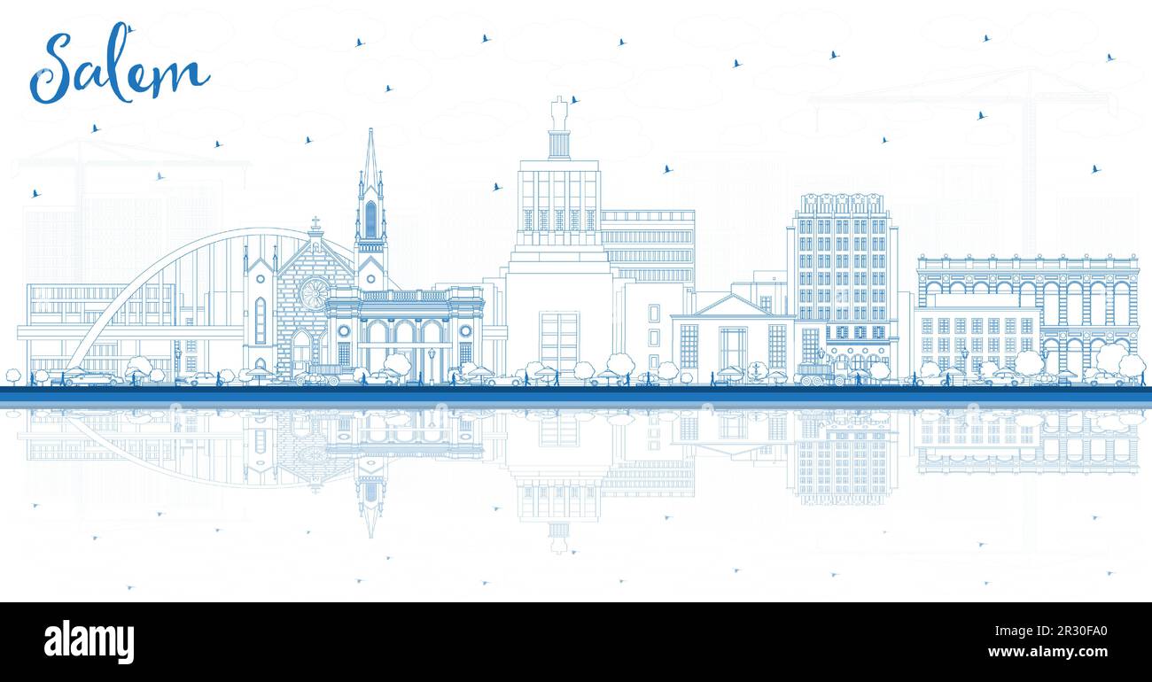Outline Salem Oregon City Skyline with Blue Buildings and Reflections ...