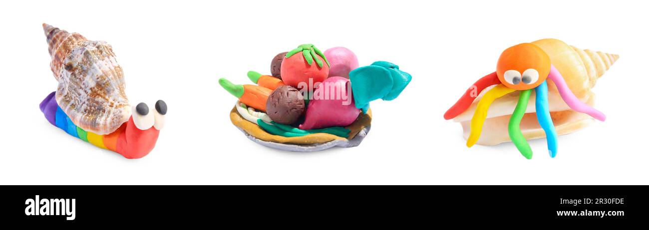 Set with different child's crafts made of plasticine on white ...