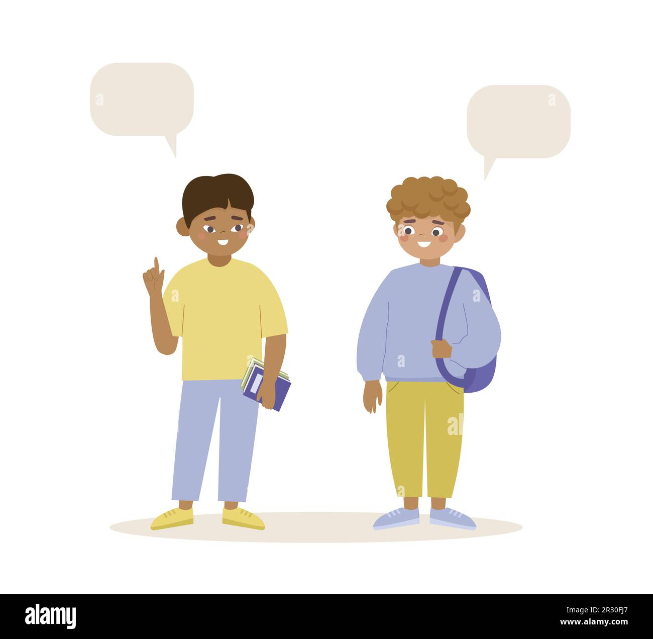 Happy cute kids boys talking to each other. School friends have dialog ...