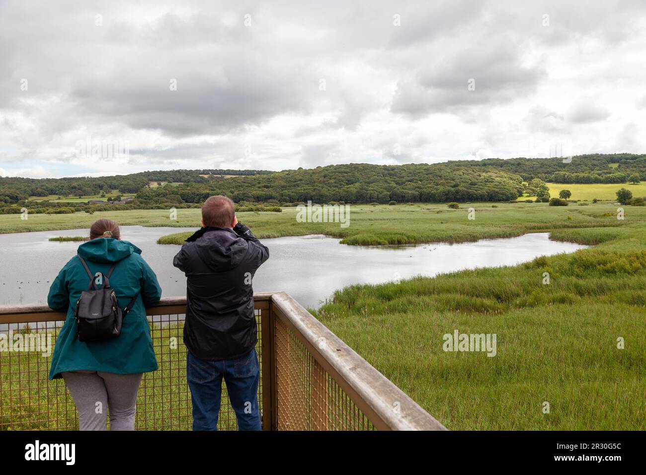 People birdwatching from the Skytower at RSPB Leighton Moss Stock Photo ...