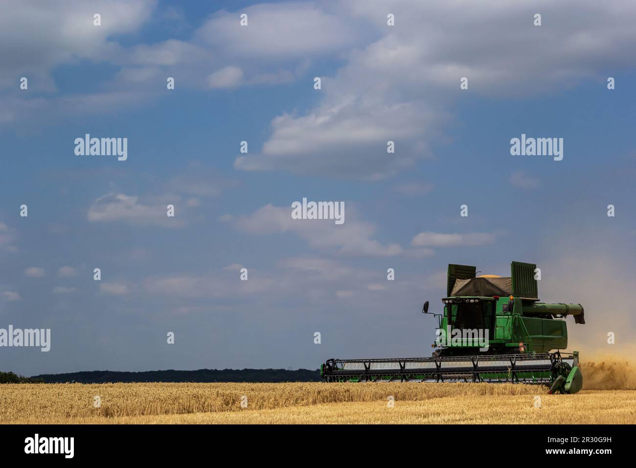 Photo of combine harvester that is harvesting wheat with dust straw in ...