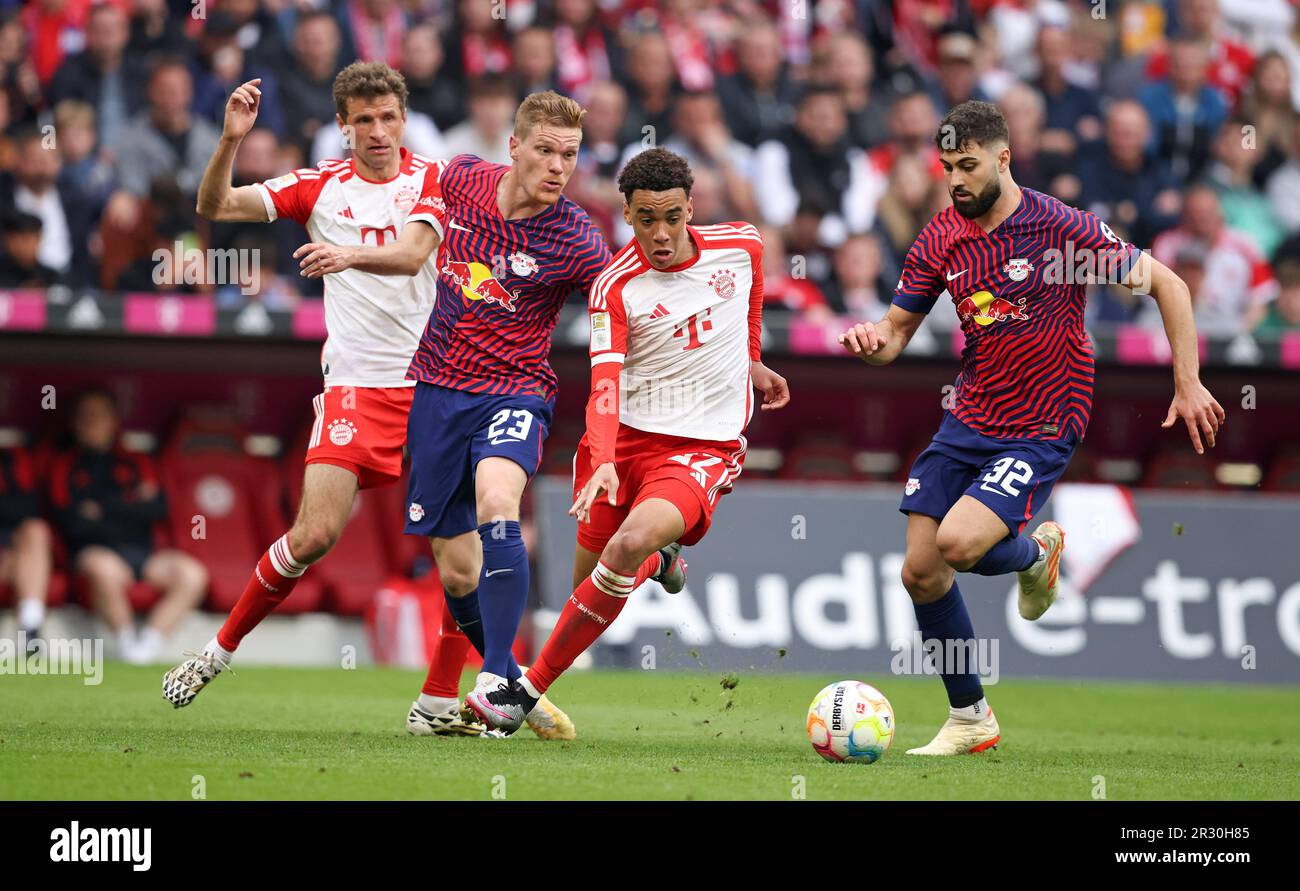 Thomas Mueller of Bayern Muenchen Marcel Halstenberg of RB Leipzig ...