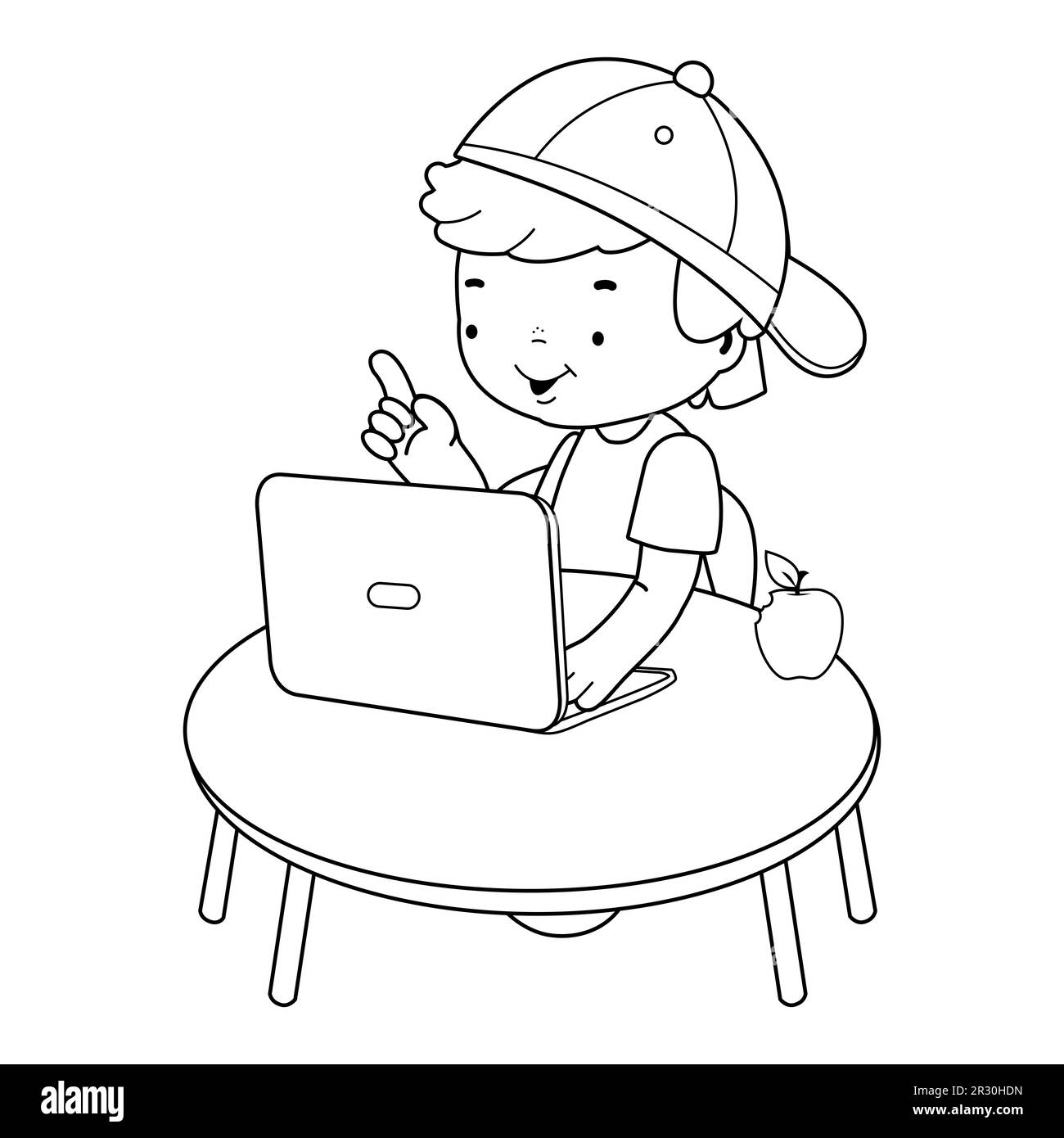 Child on his desk using the computer. Black and white coloring page ...