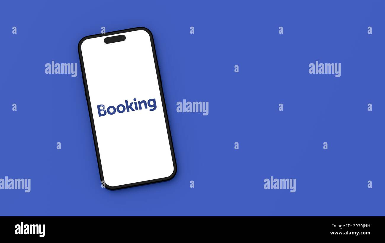 Booking Logo on Mobile Phone Screen on Blue Background with Copy Space ...
