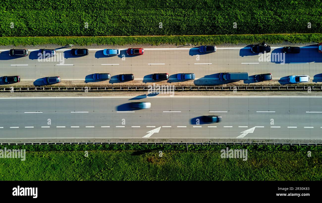 Traffic jam on A4 motorway in Poland due to an accident. Cars and ...