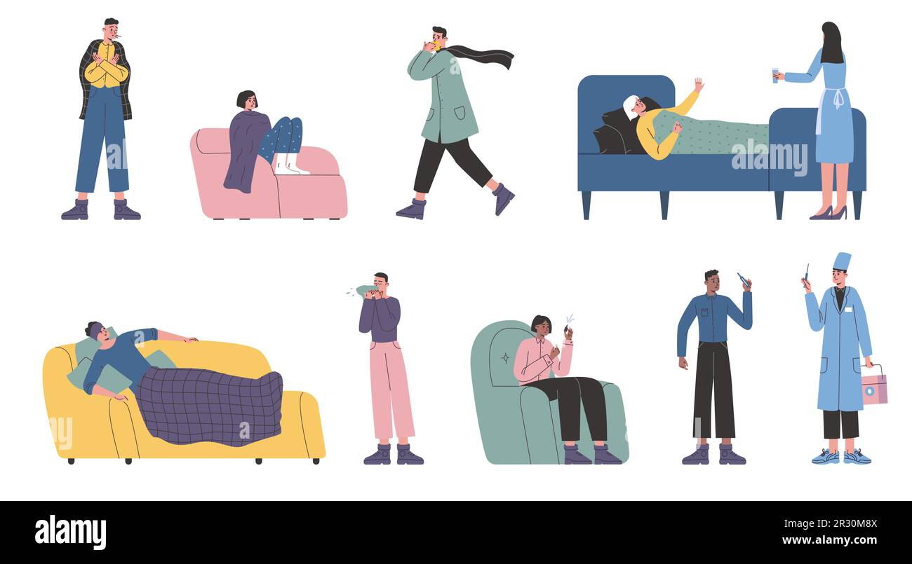 Cartoon people with seasonal flu medical symptoms. Sneezing men ...