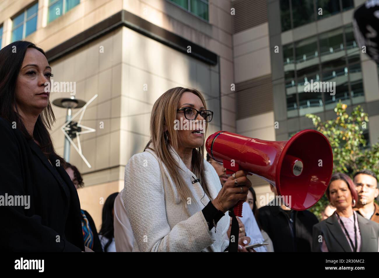 Australian presenter Karla Grant, speaks during a rally in support of Former ABC Q&A Host Stan ...
