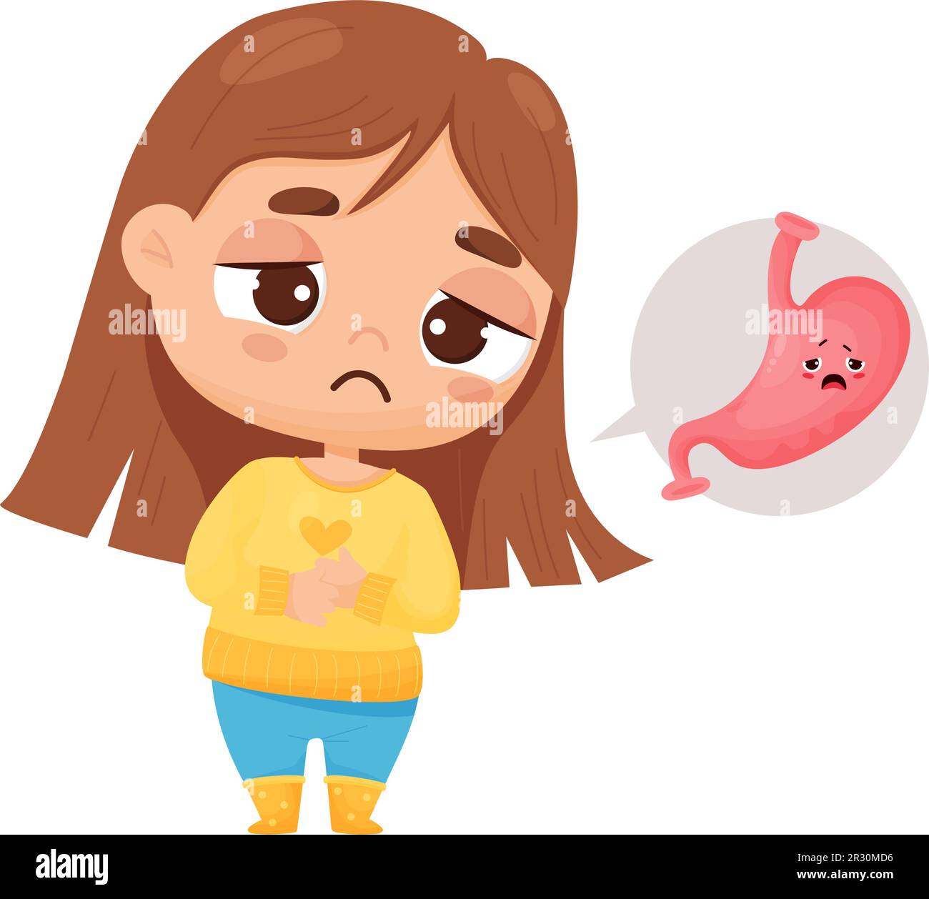 Suffering girl on abdominal pain. Child is holding belly. Pain in ...