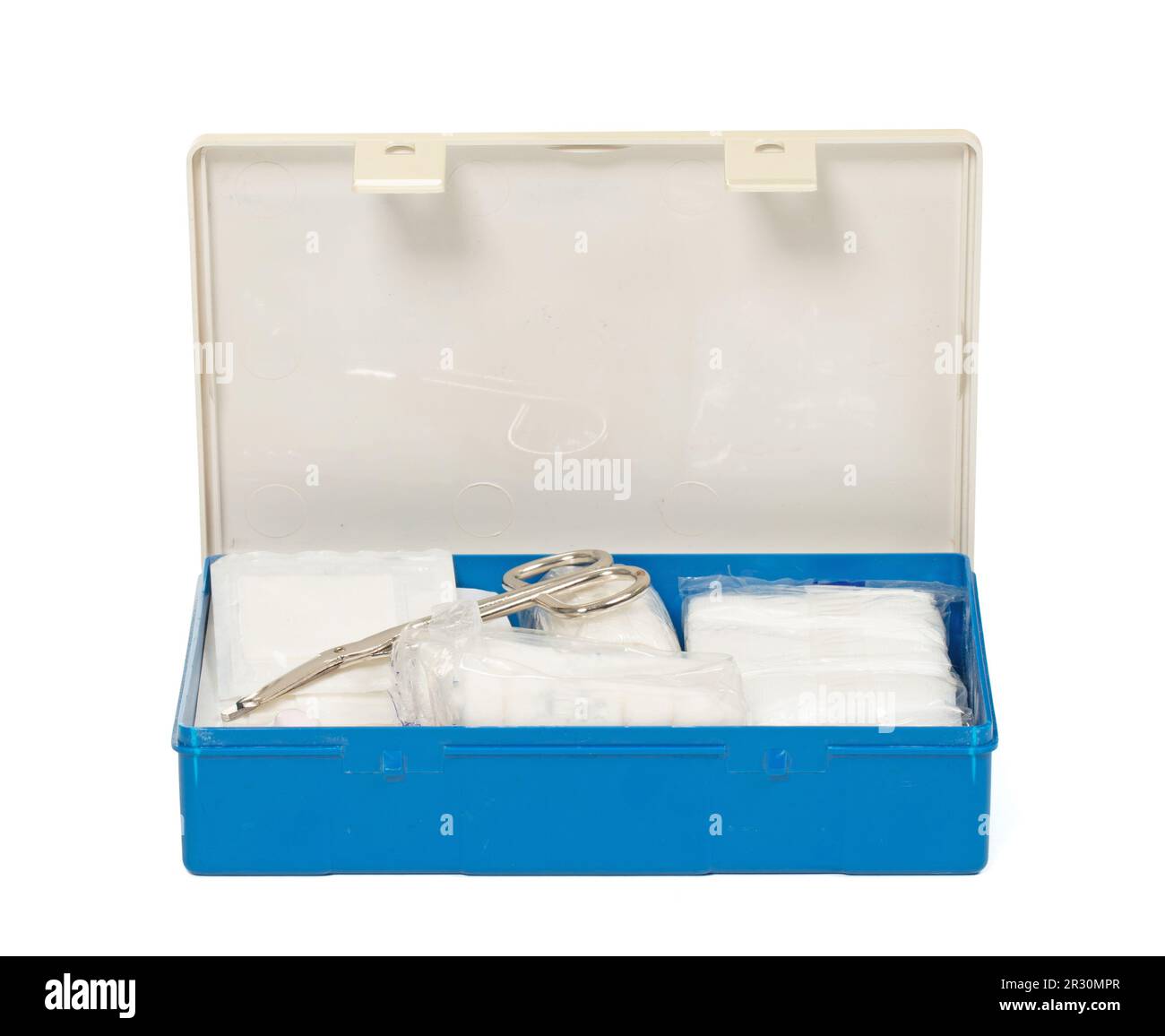 Open first aid kit (EHBO Verbanddoos) isolated on white background ...