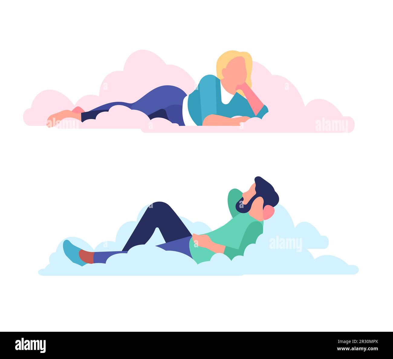 Happy creative carefree man and woman dreaming in clouds. Daydreaming ...