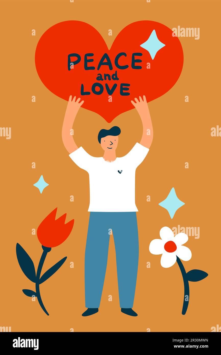 Peace card. Man holding heart. Love and peacekeeping. Cute smiling ...