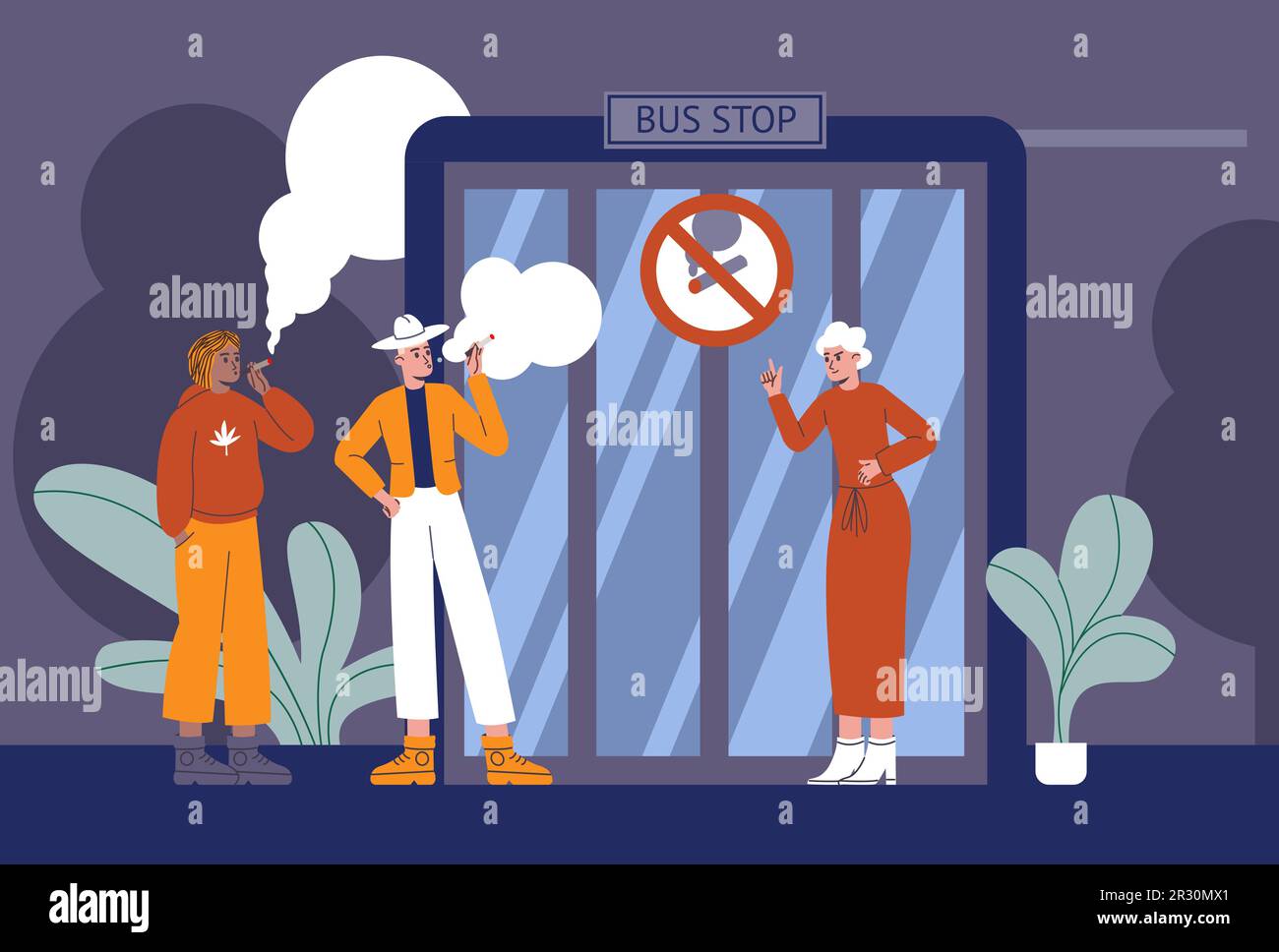 Cartoon smokers. People with cigarettes at bus stop. Forbidding sign ...