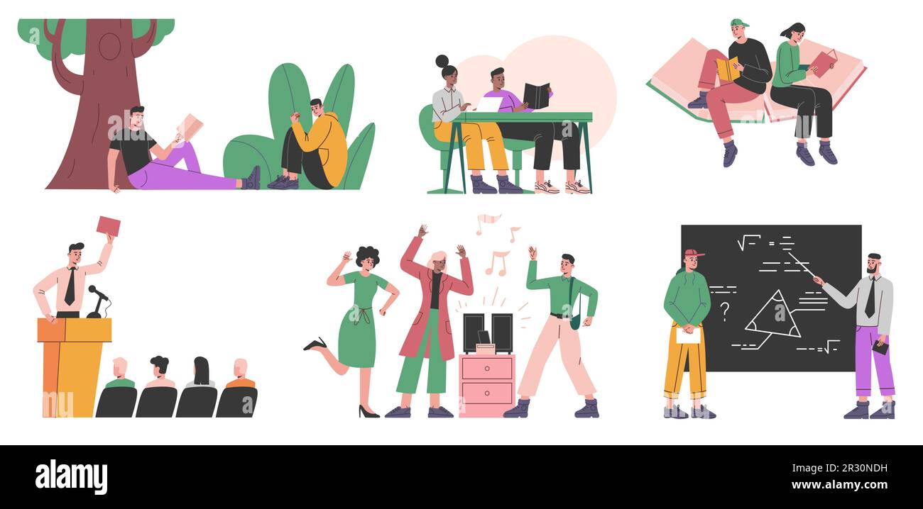 Cartoon students. College scenes. International guys and girls study in ...