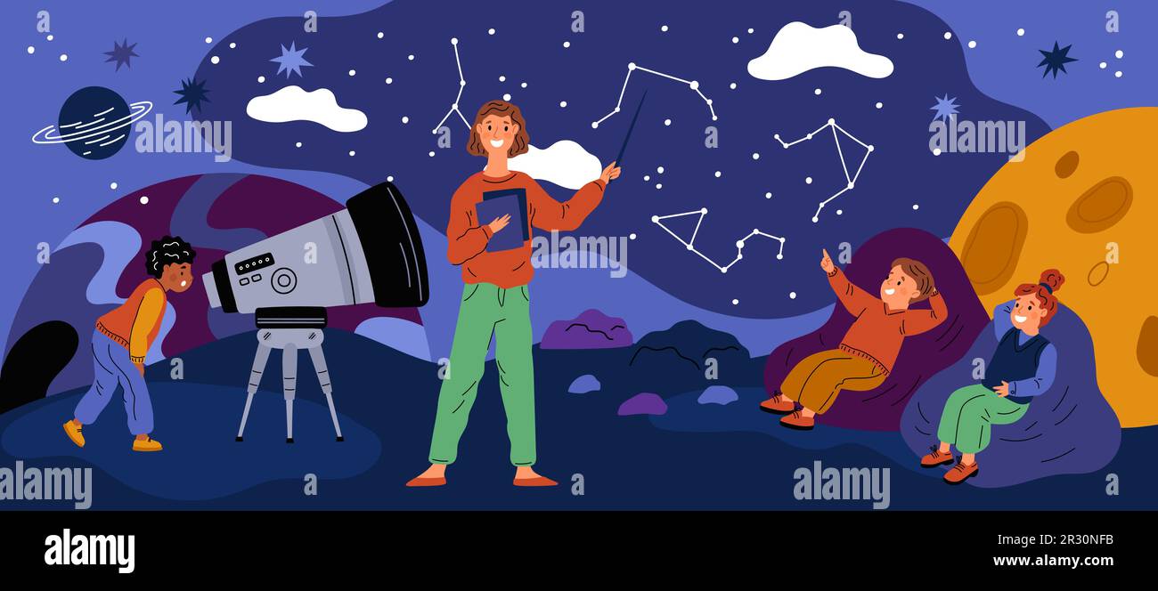 People study astronomy. Teacher guide tells children about space. Boys ...