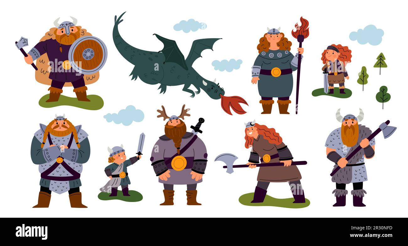 Cartoon viking characters. Barbarians in armor with weapons. Medieval persones. Fabulous dragon ...
