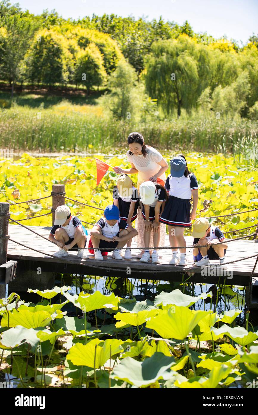 Cheerful Chinese school children relaxing in park with their teacher Stock Photo - Alamy