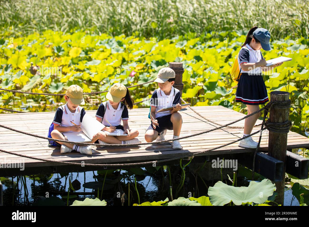 Cheerful Chinese school children drawing in park Stock Photo - Alamy