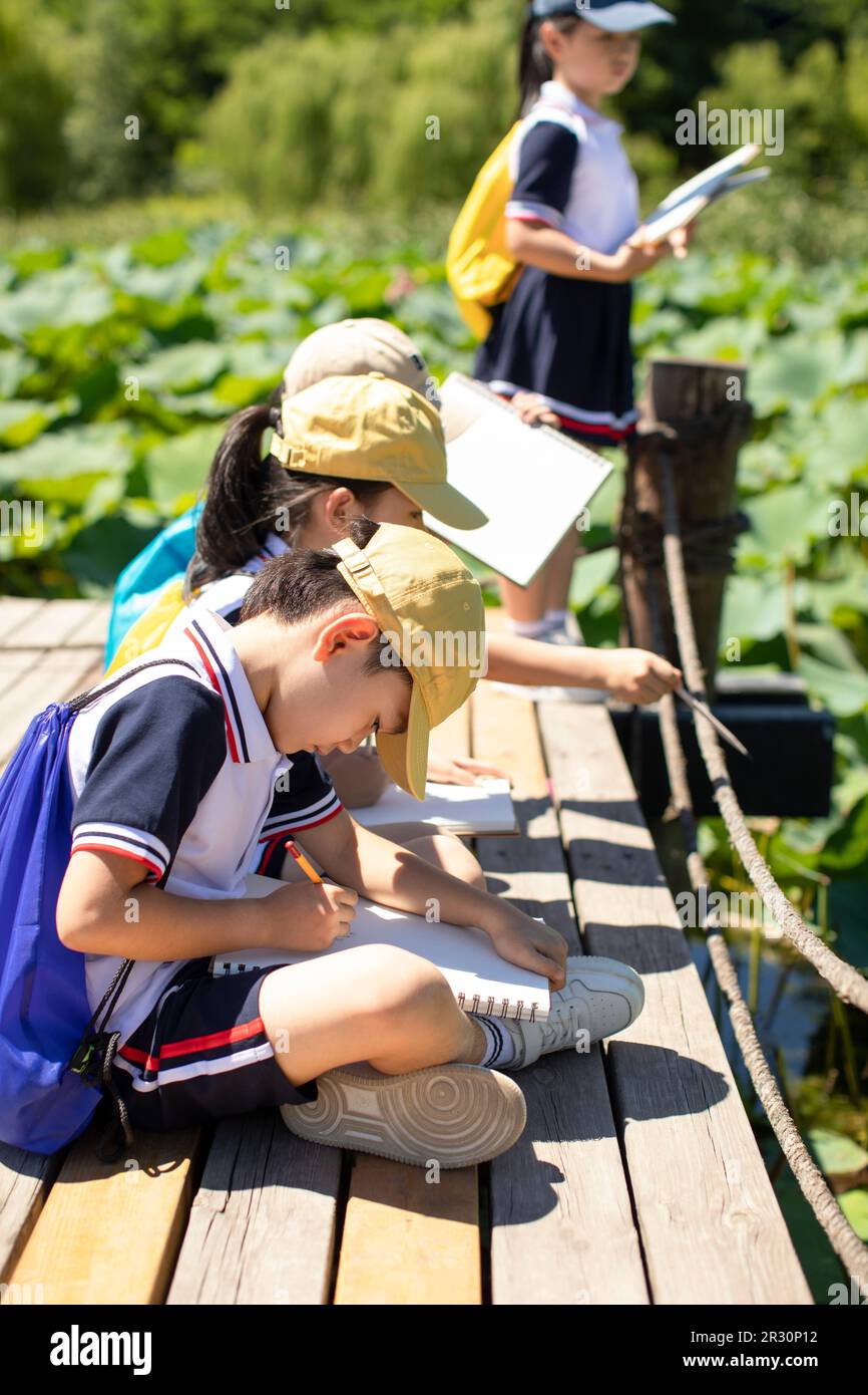 Cheerful Chinese school children drawing in park Stock Photo - Alamy