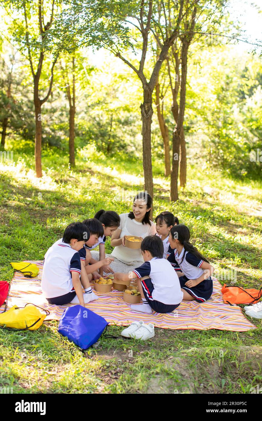 Cheerful Chinese school children picnicking outdoors with their teacher ...